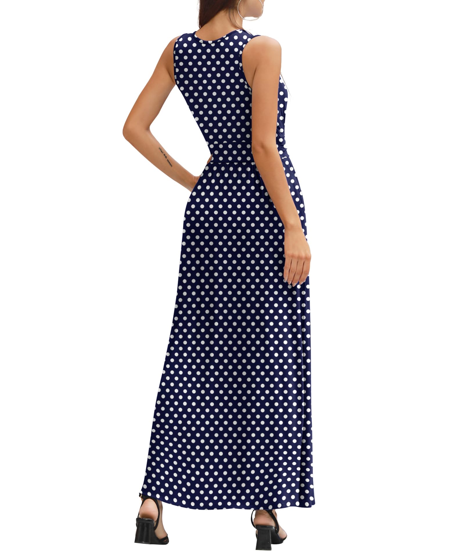 LILBETTER Women Sleeveless Deep V Neck Loose Plain Long Maxi Casual Dress(F Navy Blue Polka Dot,Large)
