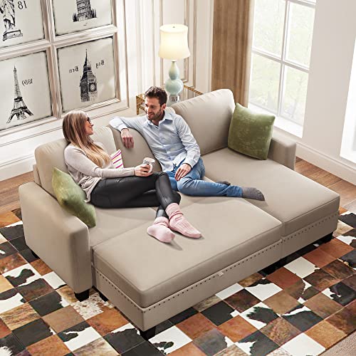 ERYE L-Shaped 3-Seaters Corner Sectional Sofa with Pull Out Sleeper Couch Bed and Reversible Storage Chaise for Home Office Apartment Living Room Furniture Sets Sofabed, Warm Grey