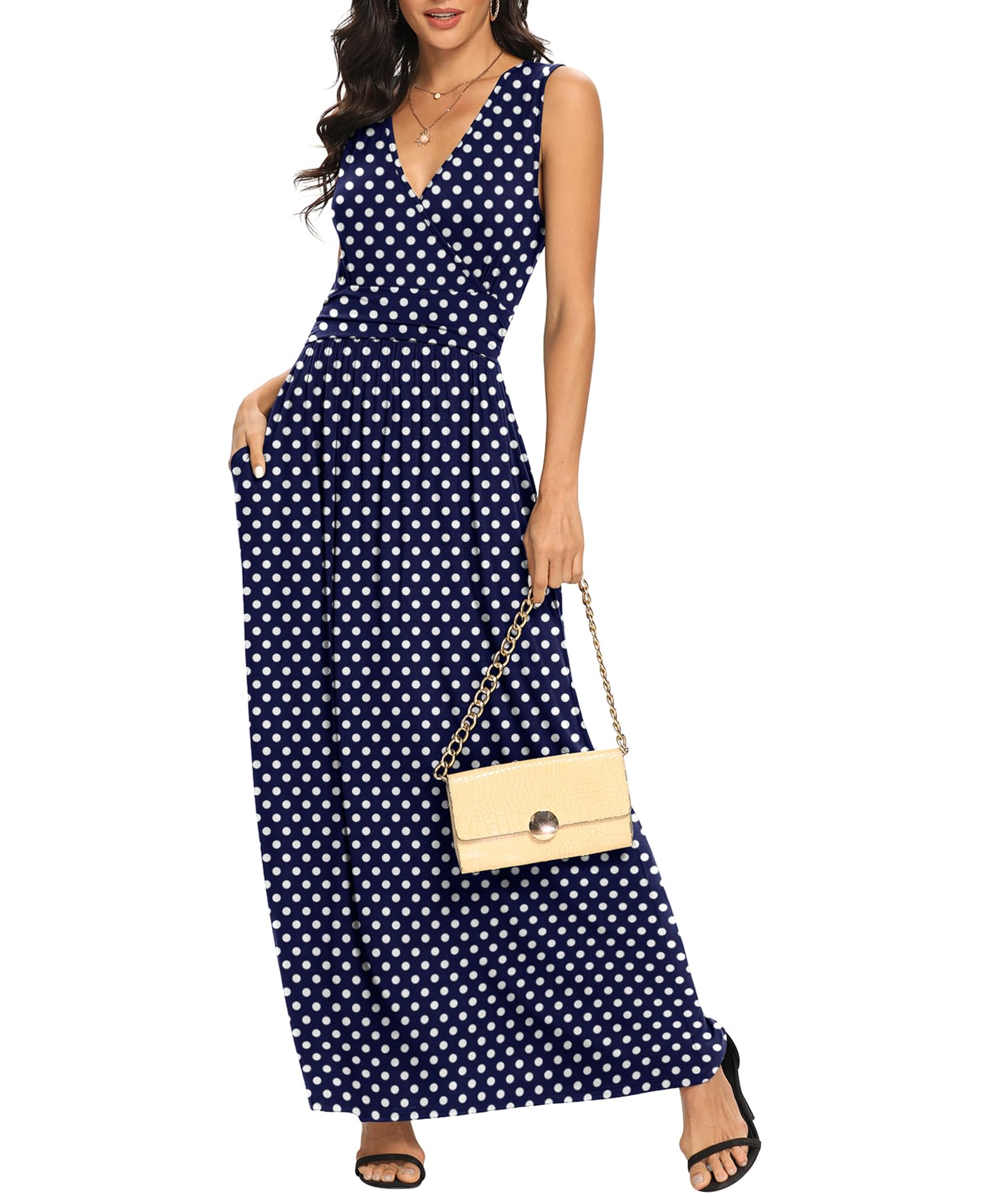 LILBETTER Women Sleeveless Deep V Neck Loose Plain Long Maxi Casual Dress(F Navy Blue Polka Dot,Large)