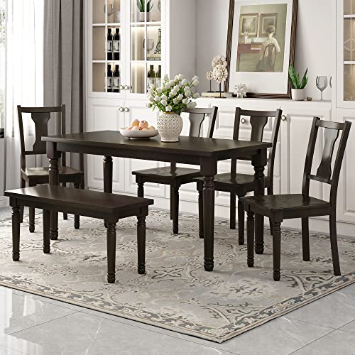 Lepfun 6 Piece Set, Wooden Rectangular Table with 4 Chairs and 1 Bench for Kitchen Dining Room, Home Furniture (Espresso)