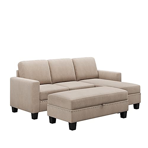 ERYE L-Shaped 3-Seaters Corner Sectional Sofa with Pull Out Sleeper Couch Bed and Reversible Storage Chaise for Home Office Apartment Living Room Furniture Sets Sofabed, Warm Grey