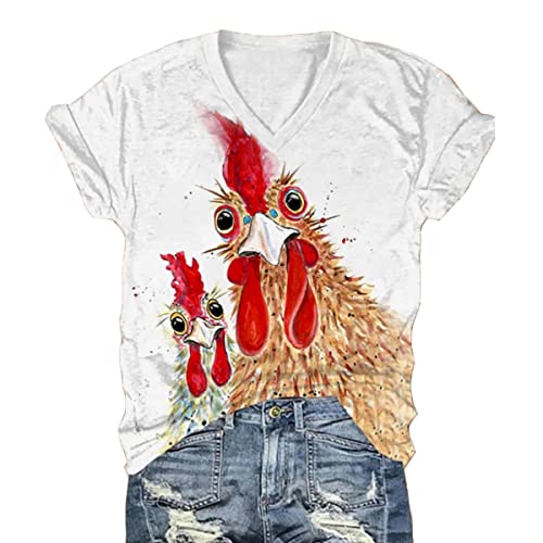 Women's Fun Chicken Print V-Neck T-Shirt Summer Short Sleeve Cute Animal Pattern Tees Tops White