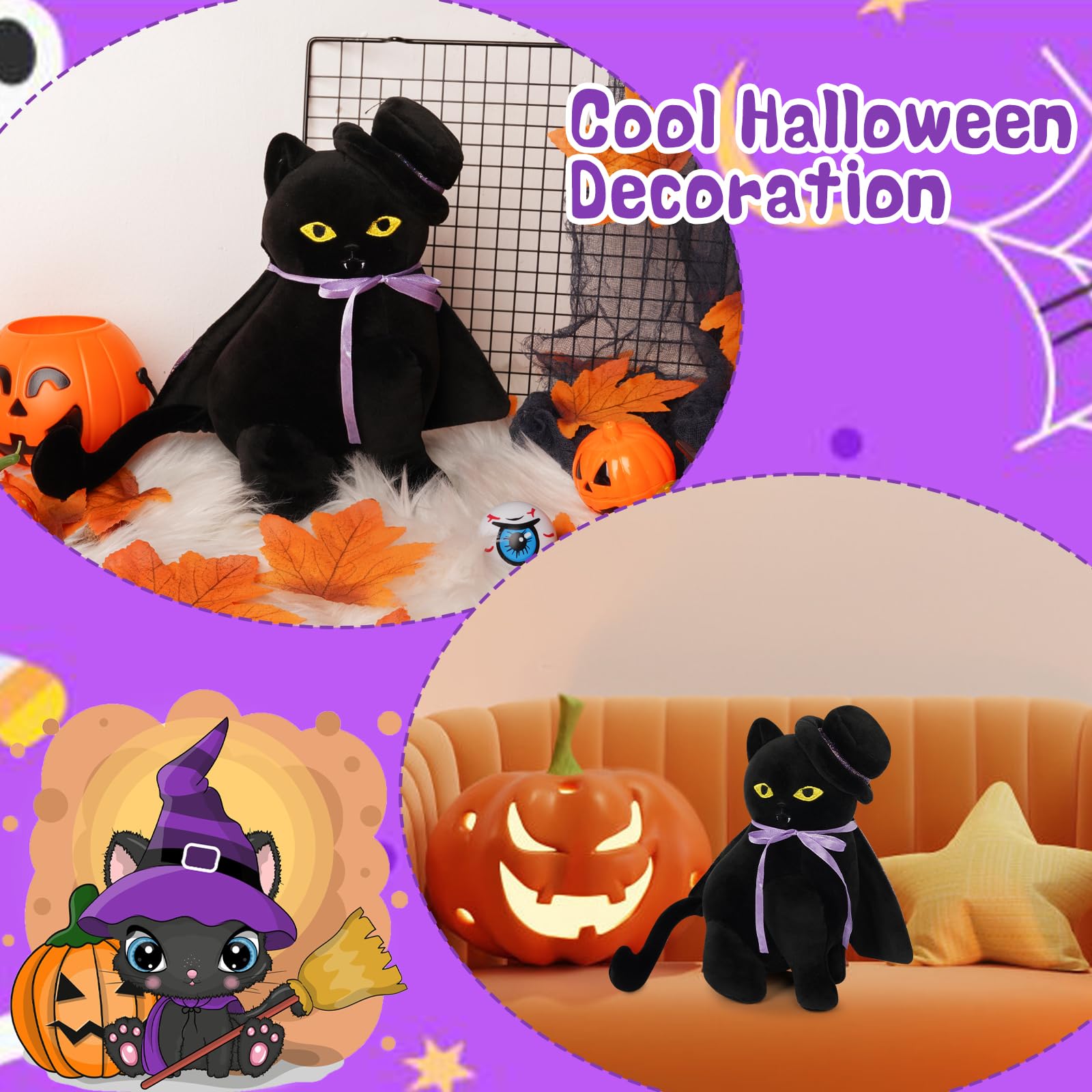 MUFEIRUO Black Cat Plush Halloween Plush, Black Cat Stuffed Animal with Hat Cloak, Halloween Vampires Decor Plushie Stuffed Cat Toys for Kids