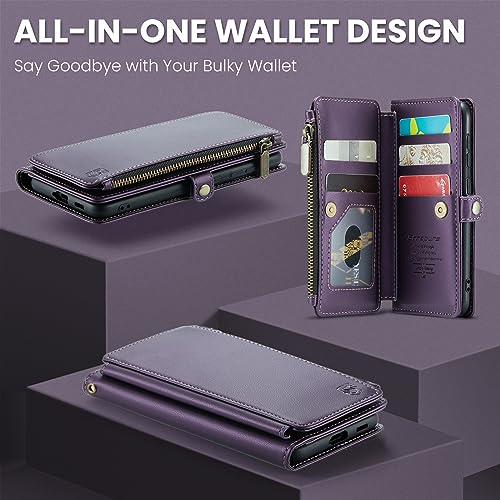 Strapurs Compatible with Samsung Galaxy S22 Wallet Case, for Galaxy S22 Case Wallet with Card Holder【RFID Blocking】 Zipper Wristlet PU Leather Magnetic Flip Folio Cover for Women and Men,Purple