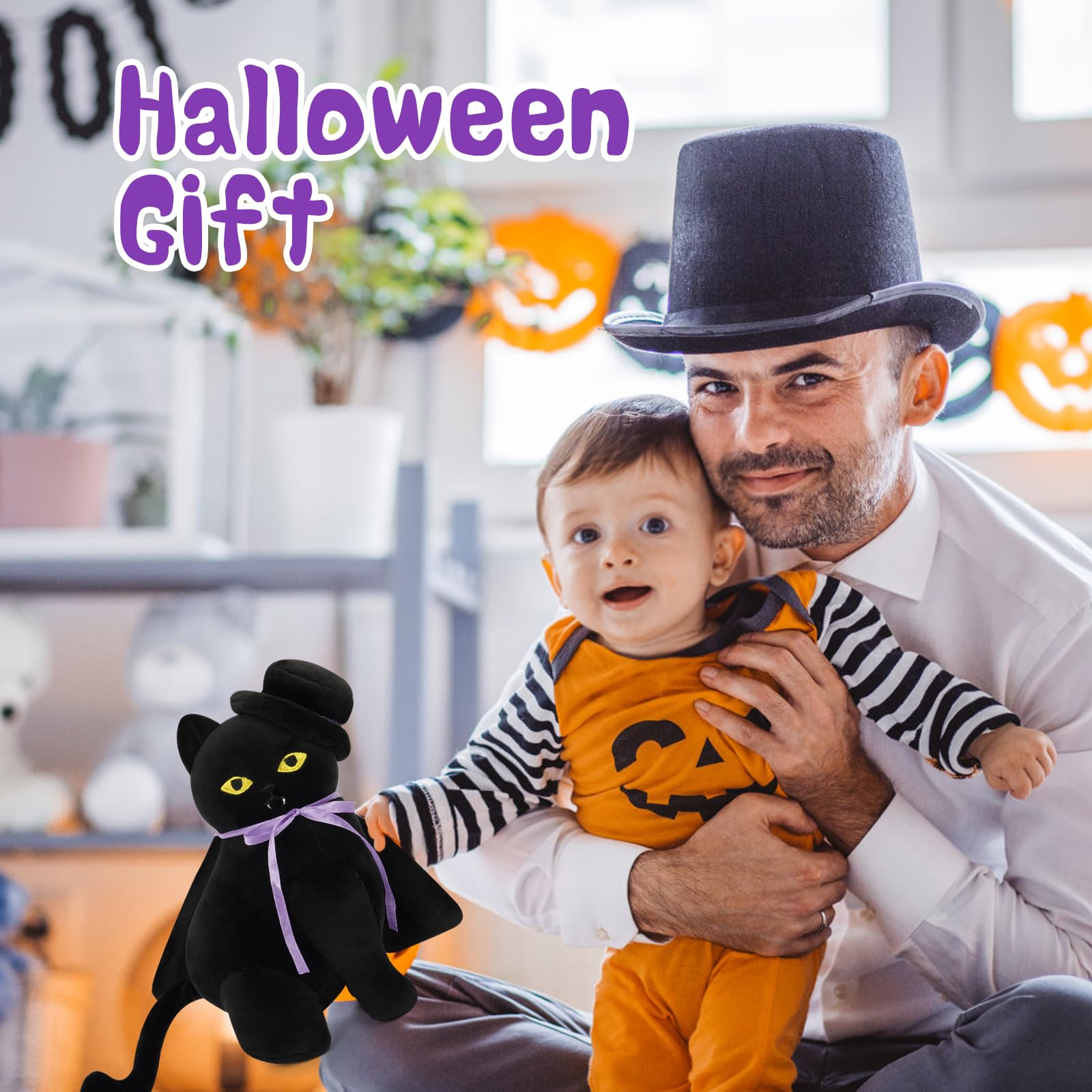 MUFEIRUO Black Cat Plush Halloween Plush, Black Cat Stuffed Animal with Hat Cloak, Halloween Vampires Decor Plushie Stuffed Cat Toys for Kids