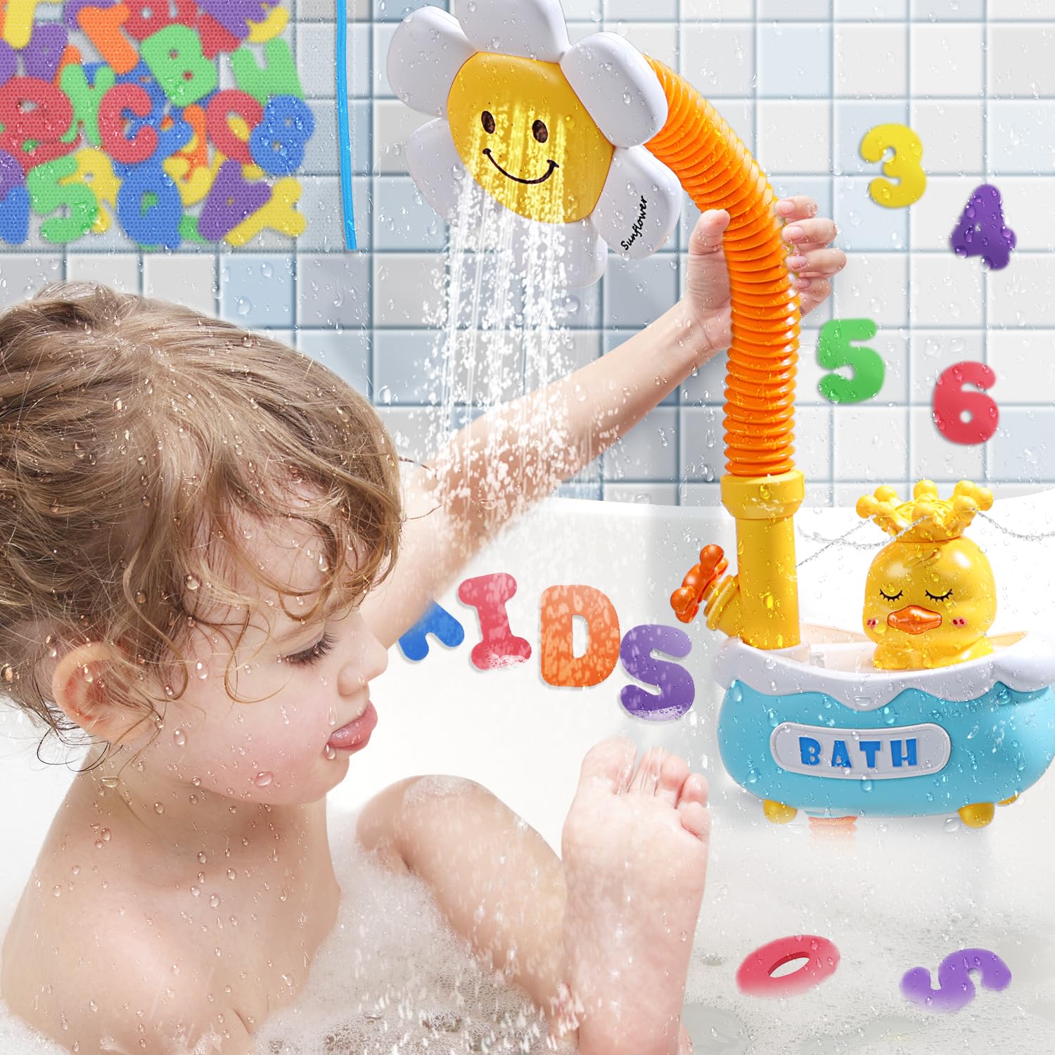 Bath Toy Bathtub Toy with Electric Shower and 36 Foam Bath Letters and Numbers, Organizer Mesh Net, Chritsmas Gift for Toddlers, Kids and Babies