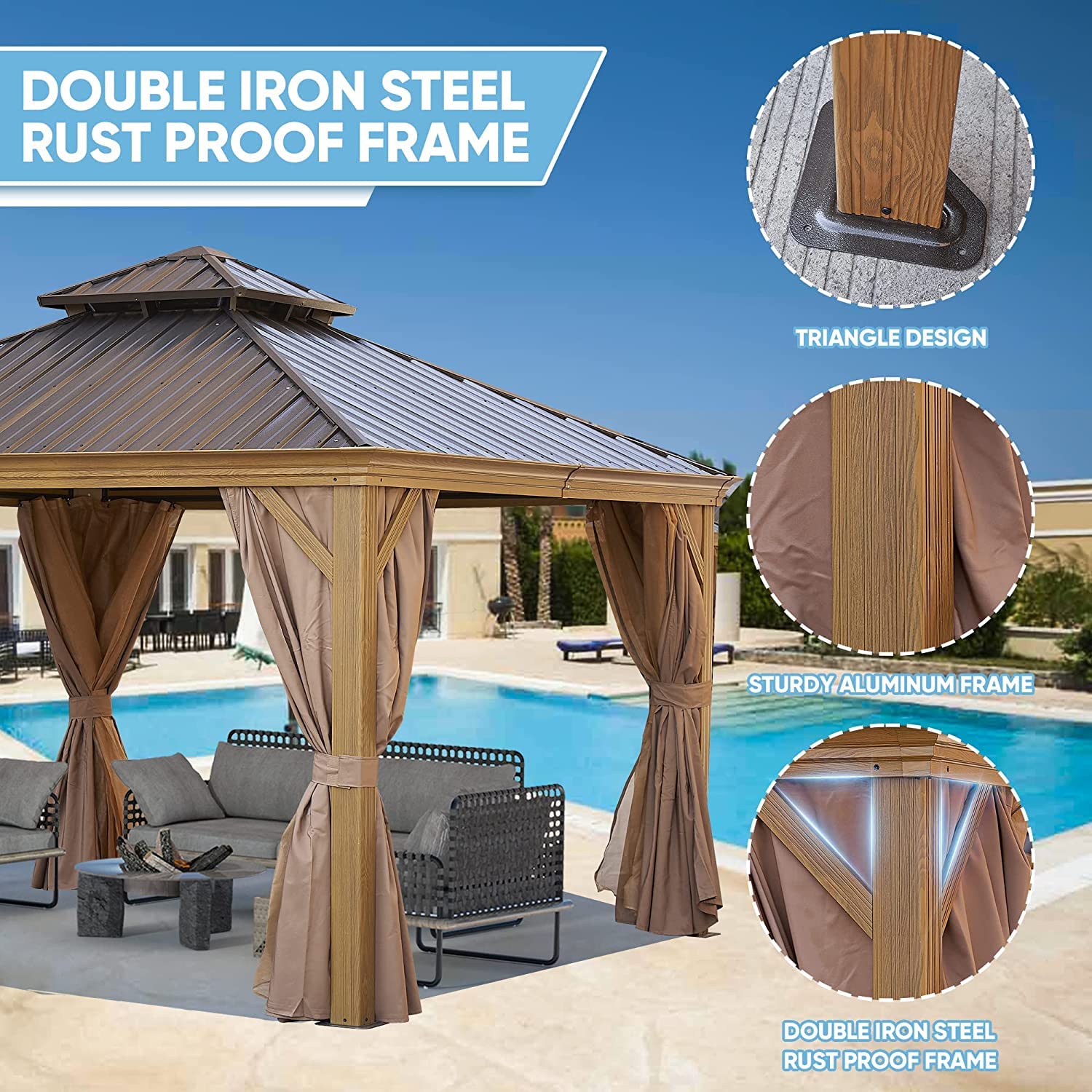 URTR Gazebo 12x20 FT, Outdoor Gazebo with Double Galvanized Steel Hardtop Roof, Permanent Hardtop Gazebo with Netting and Curtains, Patio Gazebo Pergola Pavilion for Gardens, Backyard Deck, Lawns