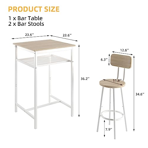 YOFE Bar Table Set for 2, Pub Table High Top Table,3 Pieces Pub Dining Table Set,Square Bar Table with Stools for Kitchen, Apartment, Small Space (White, Square)