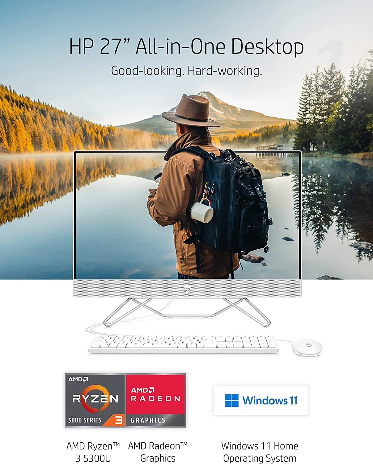 HP 2023 27-inch FHD IPS All-in-One Desktop PC AMD 4-Core Ryzen 3 5300U Radeon Graphics 16GB DDR4 512GB SSD 1TB HDD WiFi AC HDMI Webcam USB-C RJ-45 Wired KB Mouse Windows 11 Pro w/RE USB