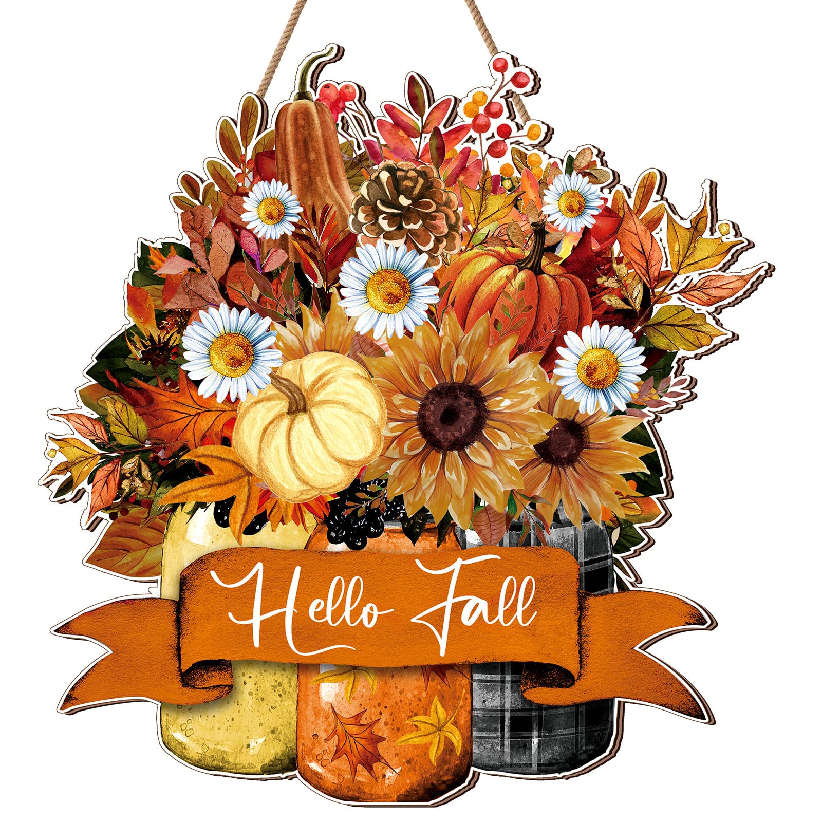 Tradder Thanksgiving Floral Welcome Sign for Front Door Hello Fall Hanging Plaque Farmhouse Sunflower Pumpkin Fall Door Hanger Mason Jar Harvest Autumn Wood Sign for Indoor Outdoor Home Yard