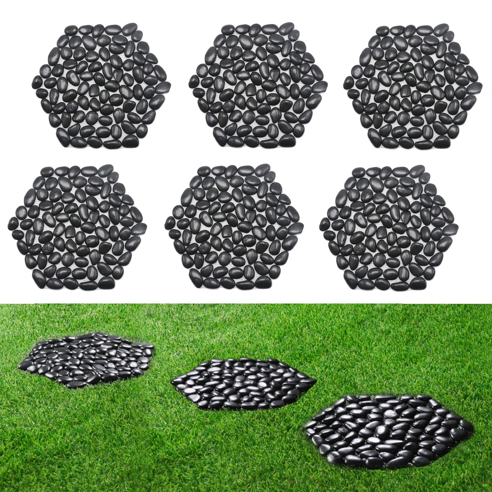 Lechloris 12 inch River Rock Stepping Stone - Pavers for Outdoor Garden Walkway, Landscaping - Polished Pebble Step Stones for Patio Yard Lawn Pathway, Set of 6 (Hexagon, Black)