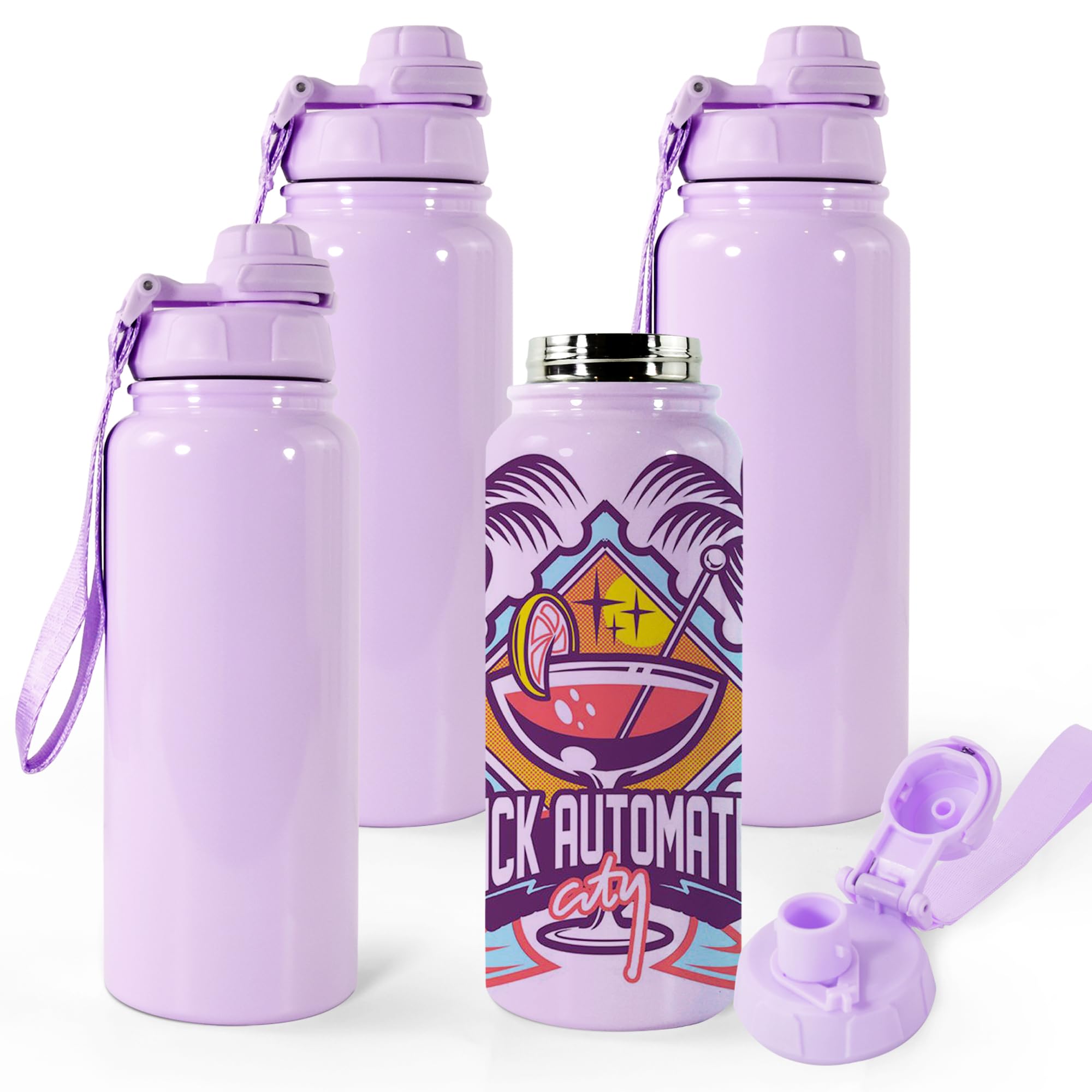 FECBK 4 Pack Sublimation Water Bottle Blanks 25 oz Sublimation Sports Water Bottles with Lid and Portable Rope Stainless Steel Insulated Sublimation Tumbler Blanks Flask for Sports Travel Gym, Purple
