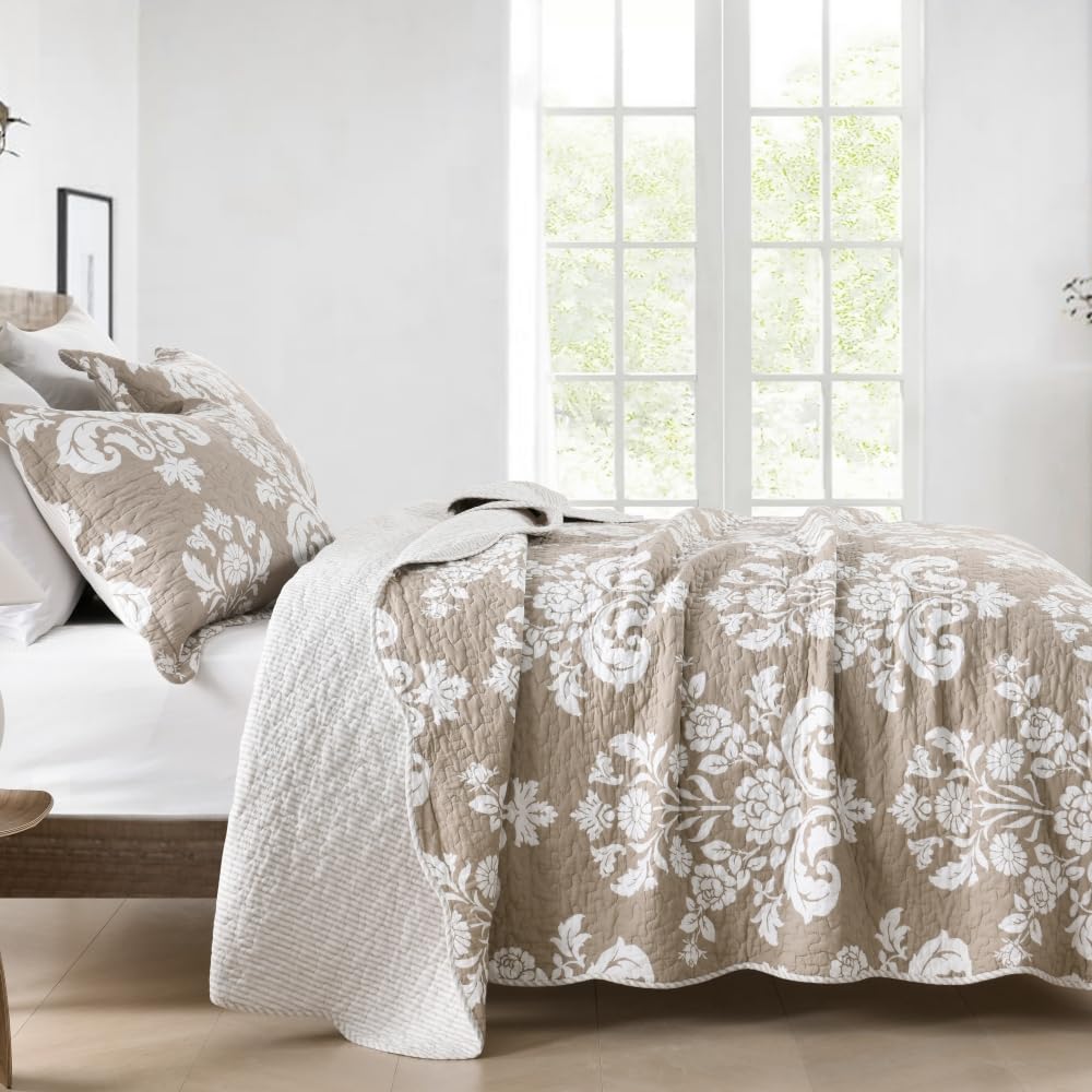 BCOTTOND Queen Size Quilt - 100% Cotton Queen Quilt Set Farmhouse Floral Bedspread Queen Size Lightweight Reversible Quilt Bedding Set for All Season Tan Khaki White 3-Piece