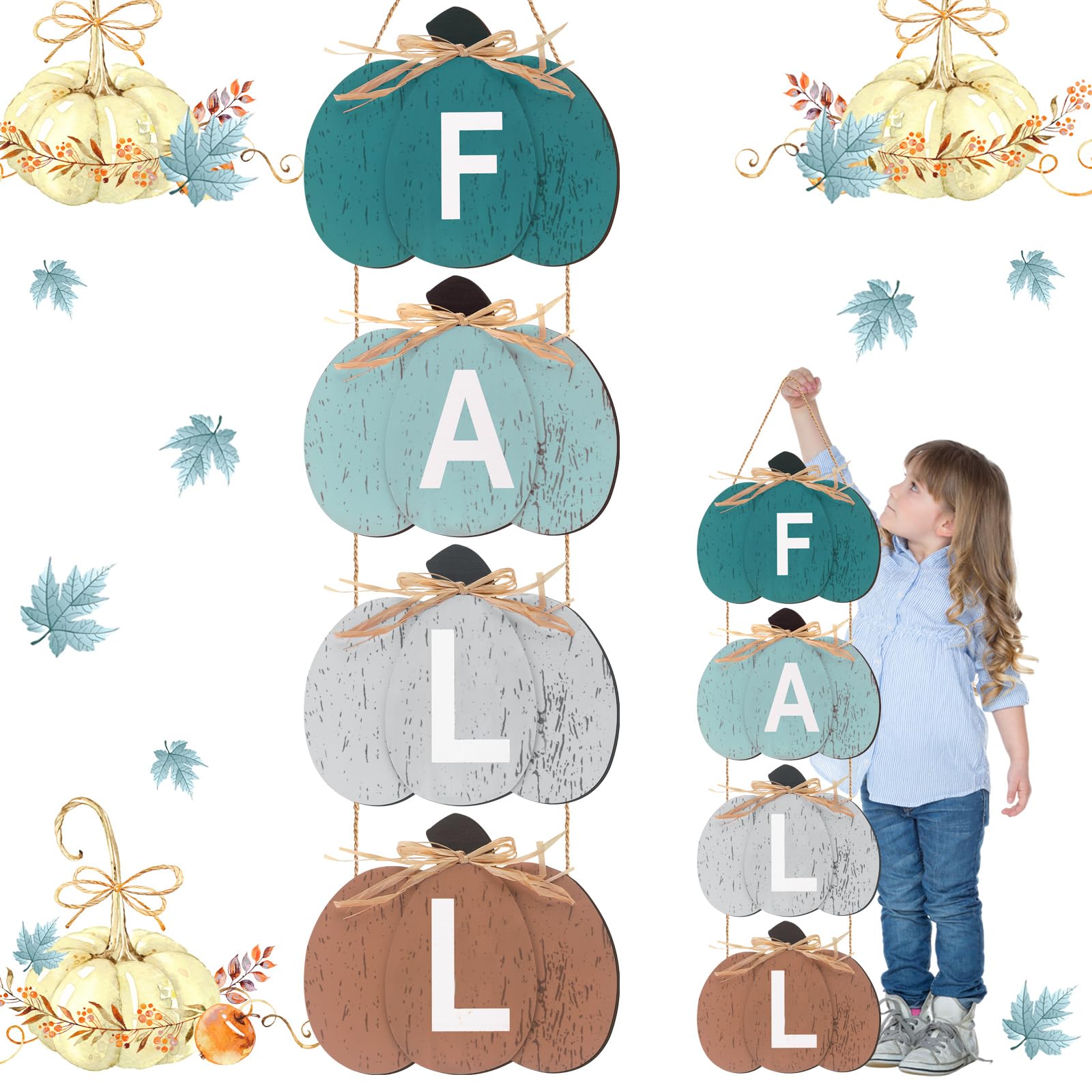 Thyle 33 Inch Fall Decoration Fall Door Sign Wooden Pumpkin Welcome Sign Thanksgiving Door Hanger Autumn Vintage Wall Hanger for Farmhouse Rustic Front Door Porch Harvest DIY Craft(Blue)
