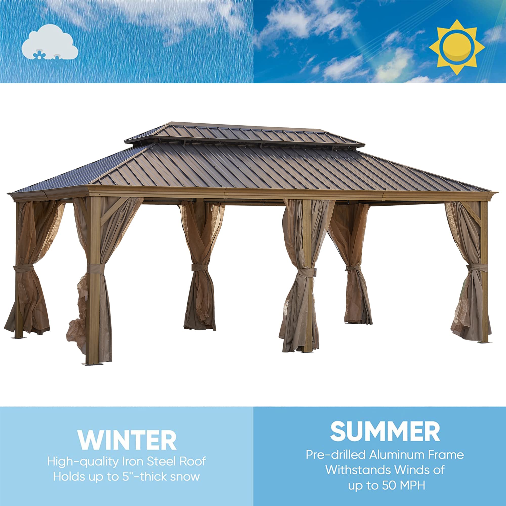 URTR Gazebo 12x20 FT, Outdoor Gazebo with Double Galvanized Steel Hardtop Roof, Permanent Hardtop Gazebo with Netting and Curtains, Patio Gazebo Pergola Pavilion for Gardens, Backyard Deck, Lawns