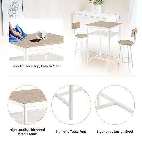 YOFE Bar Table Set for 2, Pub Table High Top Table,3 Pieces Pub Dining Table Set,Square Bar Table with Stools for Kitchen, Apartment, Small Space (White, Square)