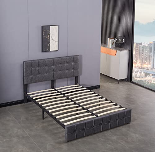 Full/King/Queen Size,Upholstered Platform Bed Frame with Adjustable Headboard,Square Stitched Button Mattress Foundation w/Wood Slats,No Box Spring Needed (Dark Grey, Queen (U.S. Standard))