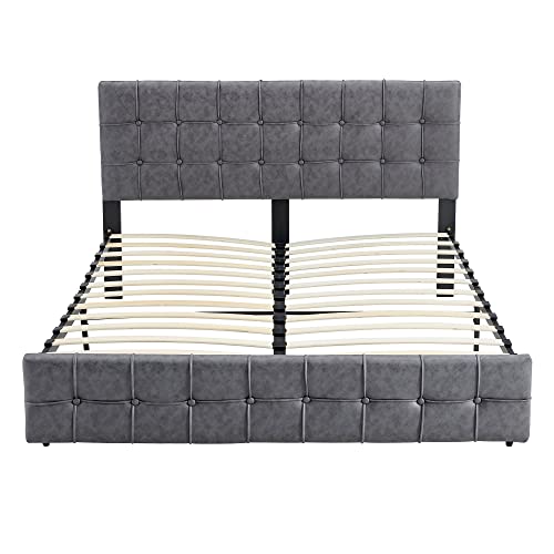 Full/King/Queen Size,Upholstered Platform Bed Frame with Adjustable Headboard,Square Stitched Button Mattress Foundation w/Wood Slats,No Box Spring Needed (Dark Grey, Queen (U.S. Standard))