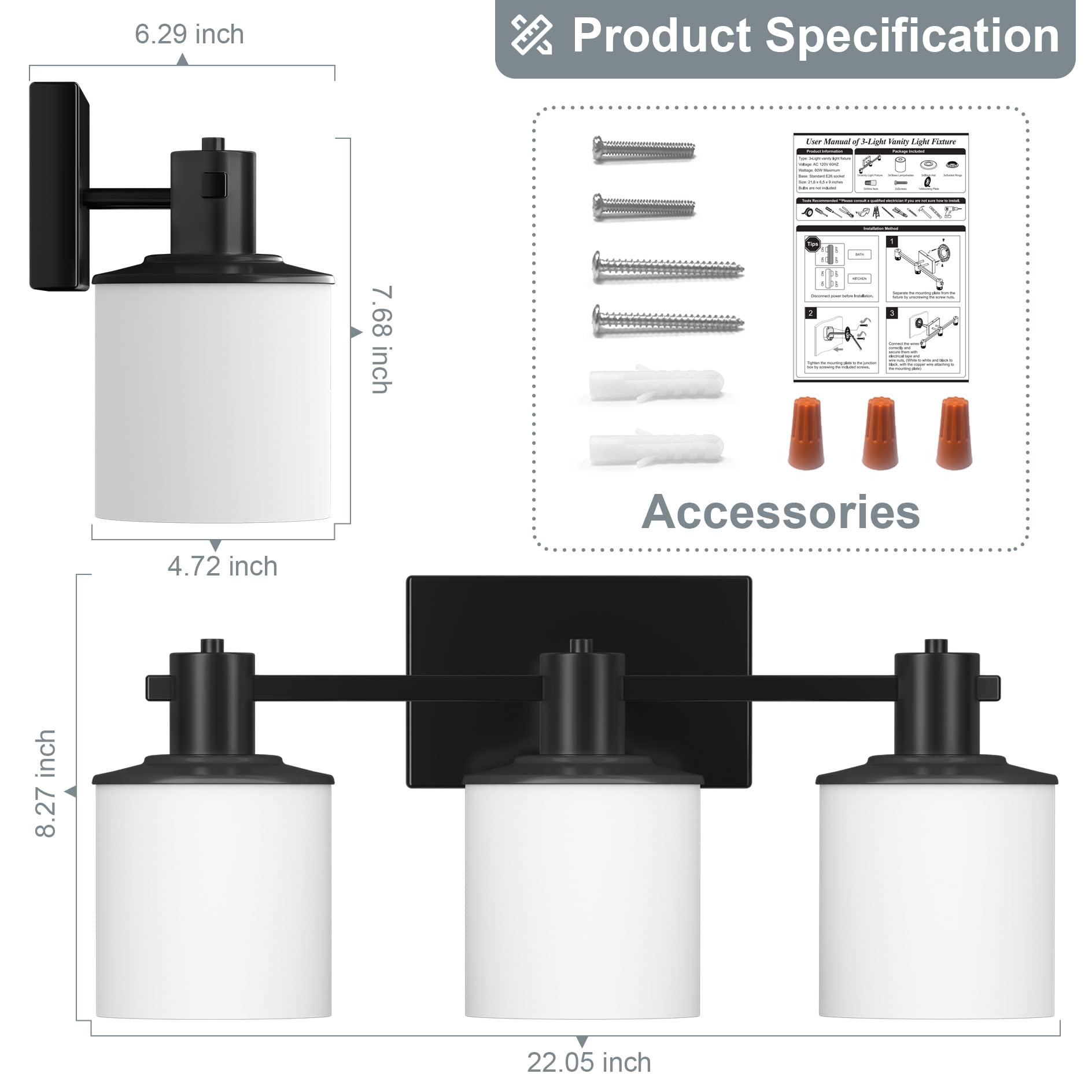 Sailstar Bathroom Light Fixtures 3 Light, Anti-Rust Matte Black Bathroom Lights Over Mirror, Modern Vanity Lights with Frosted Glass Shade, Vanity Lighting Fixtures