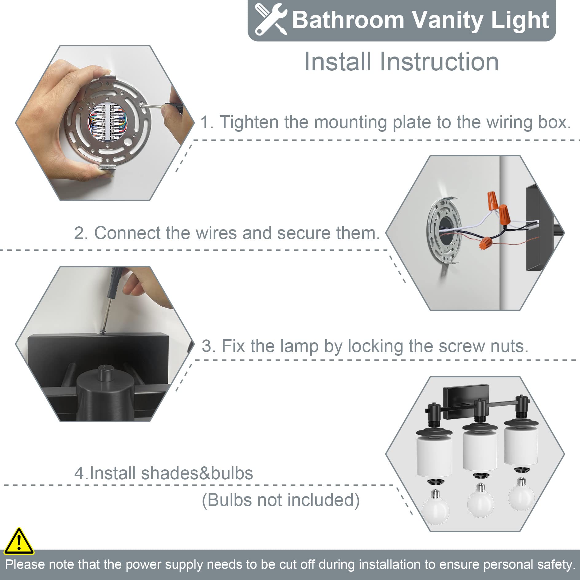 Sailstar Bathroom Light Fixtures 3 Light, Anti-Rust Matte Black Bathroom Lights Over Mirror, Modern Vanity Lights with Frosted Glass Shade, Vanity Lighting Fixtures