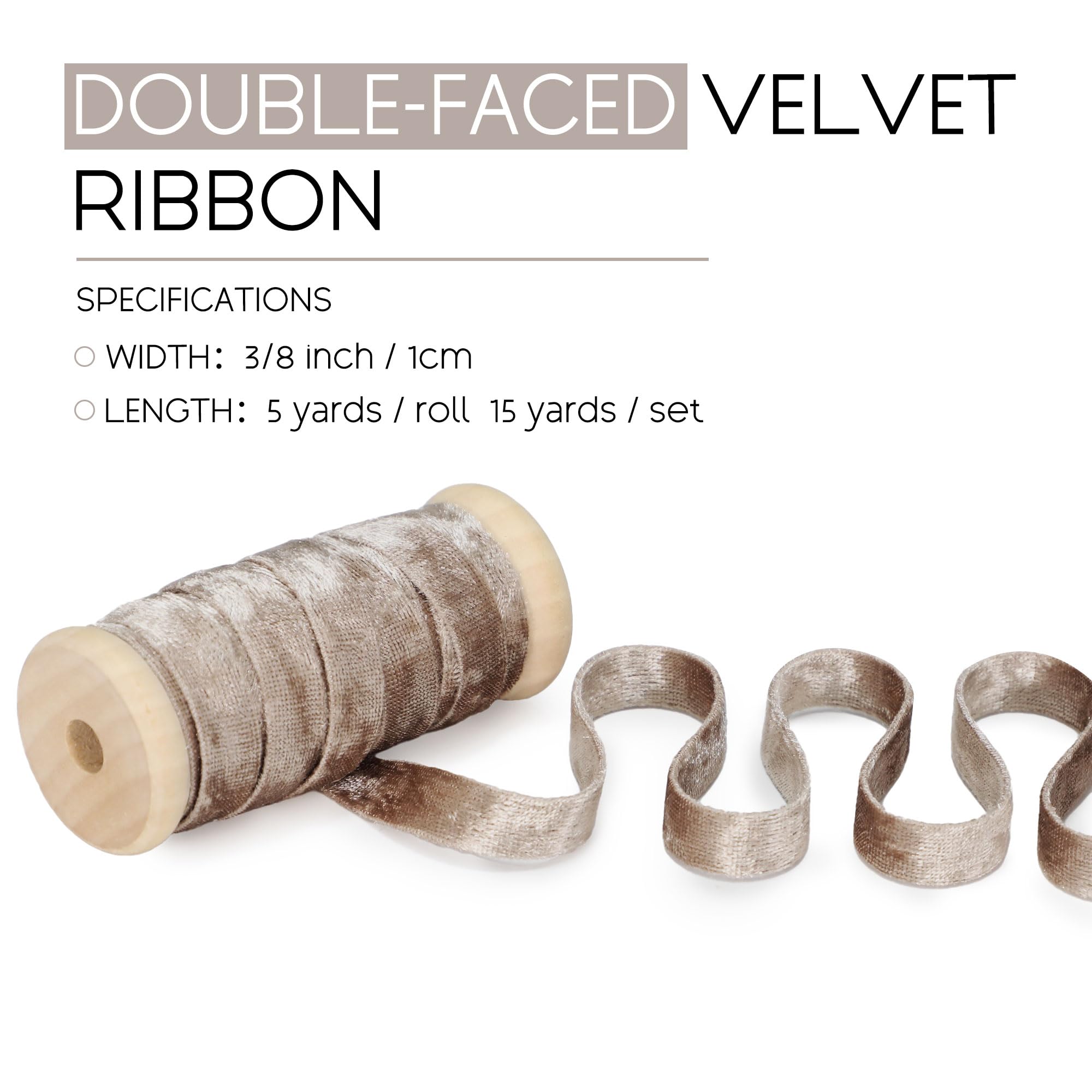 Keypan Velvet Champagne Ribbon Double-Sided Handmade Glossy Fabric Trim Wooden Spool Thin Ribbons for Christmas Tree Gift Wrapping Crafts Wedding Flower Bouquet 3/8 inch x 5YD 3 Rolls