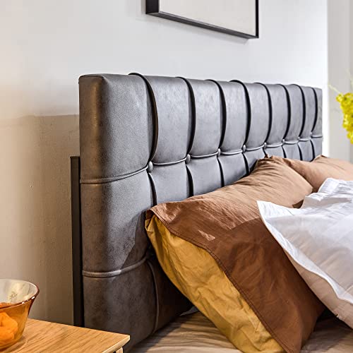 Full/King/Queen Size,Upholstered Platform Bed Frame with Adjustable Headboard,Square Stitched Button Mattress Foundation w/Wood Slats,No Box Spring Needed (Dark Grey, Queen (U.S. Standard))