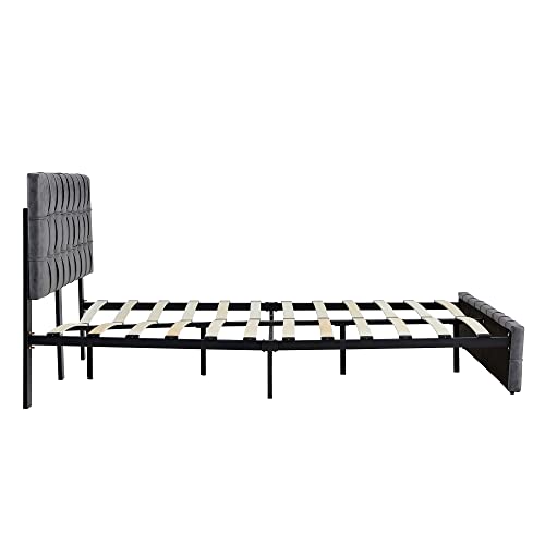 Full/King/Queen Size,Upholstered Platform Bed Frame with Adjustable Headboard,Square Stitched Button Mattress Foundation w/Wood Slats,No Box Spring Needed (Dark Grey, Queen (U.S. Standard))