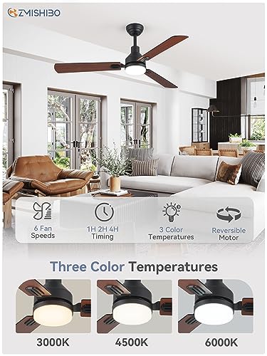 ZMISHIBO 52 Inch Ceiling Fan With Light Remote Control, Indoor And Outdoor LED Ceiling Fans, 3 Color Temperatures, Quiet Reversible DC Motor, Dual Finish Blades (Modern Black & Farmhouse Walnut)