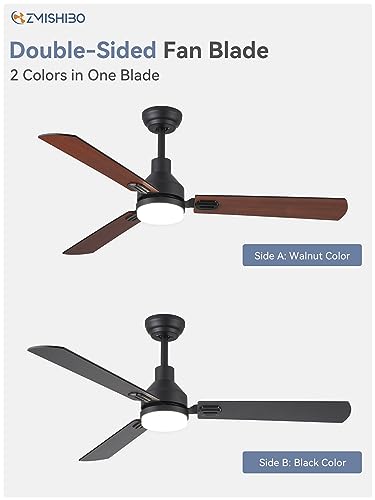 ZMISHIBO 52 Inch Ceiling Fan With Light Remote Control, Indoor And Outdoor LED Ceiling Fans, 3 Color Temperatures, Quiet Reversible DC Motor, Dual Finish Blades (Modern Black & Farmhouse Walnut)