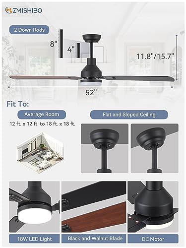 ZMISHIBO 52 Inch Ceiling Fan With Light Remote Control, Indoor And Outdoor LED Ceiling Fans, 3 Color Temperatures, Quiet Reversible DC Motor, Dual Finish Blades (Modern Black & Farmhouse Walnut)