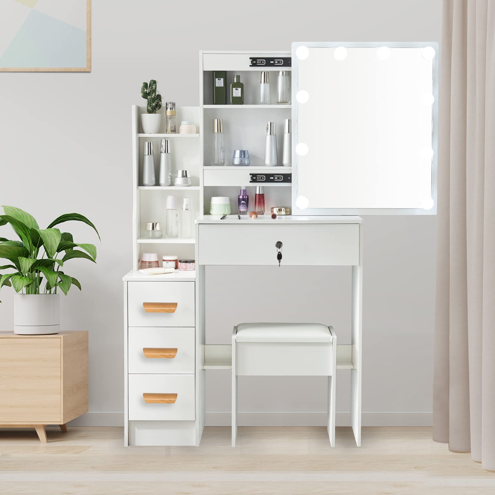 Saihemei Vanity Desk, Makeup Table with Mirror and Lights, Bedroom Table Vanity Set with 4 Drawers, 3 Lighting Modes Brightness Adjustable for Women Girls