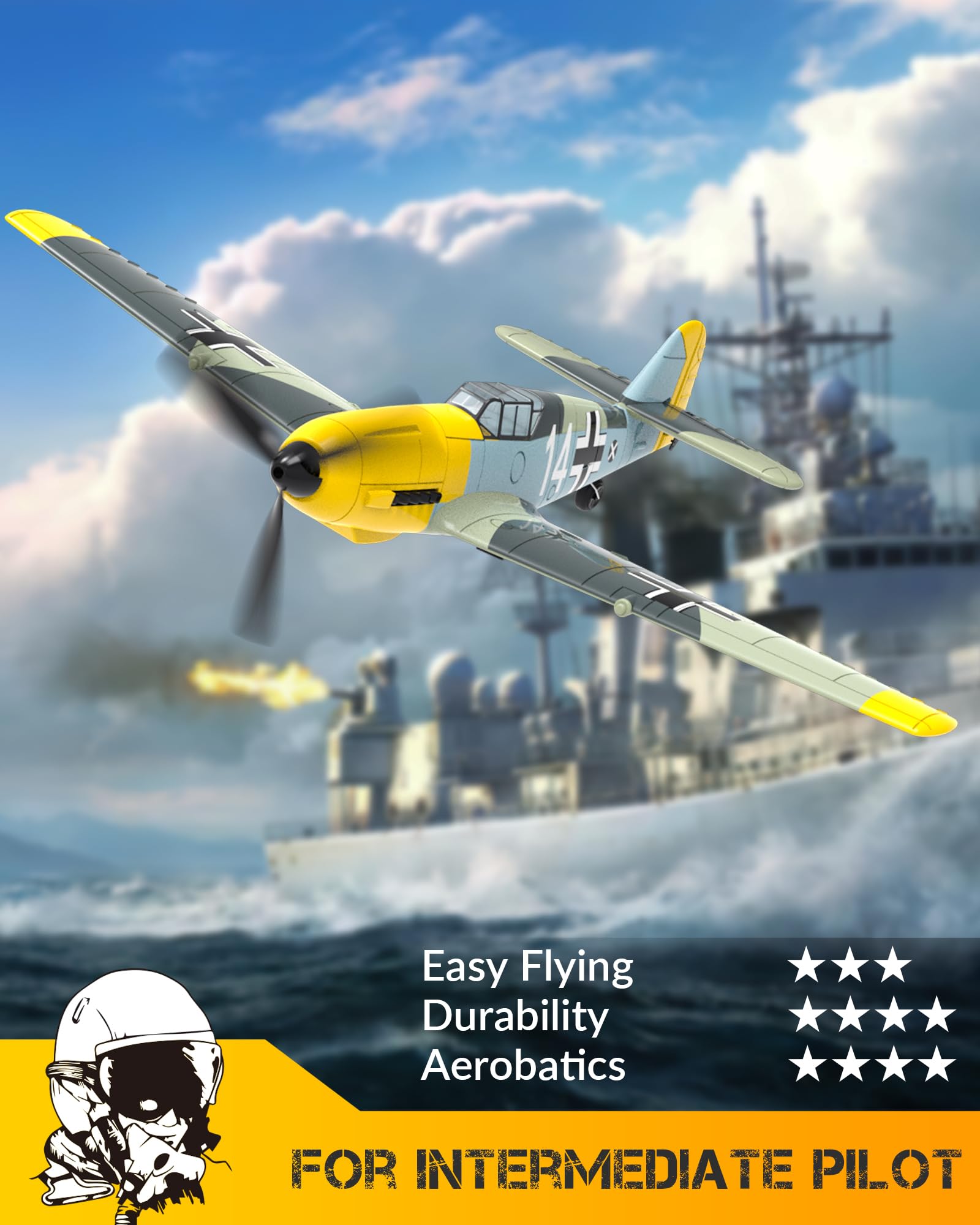 VOLANTEXRC RC Plane, 4 Channel Remote Control Airplane BF109 Fighter RTF with Aileron, Gyro, Aerobatics & 3 Modes Easy to Fly, Hobby Radio Controlled Aircraft for Beginners, Kids & Adults (Yellow)