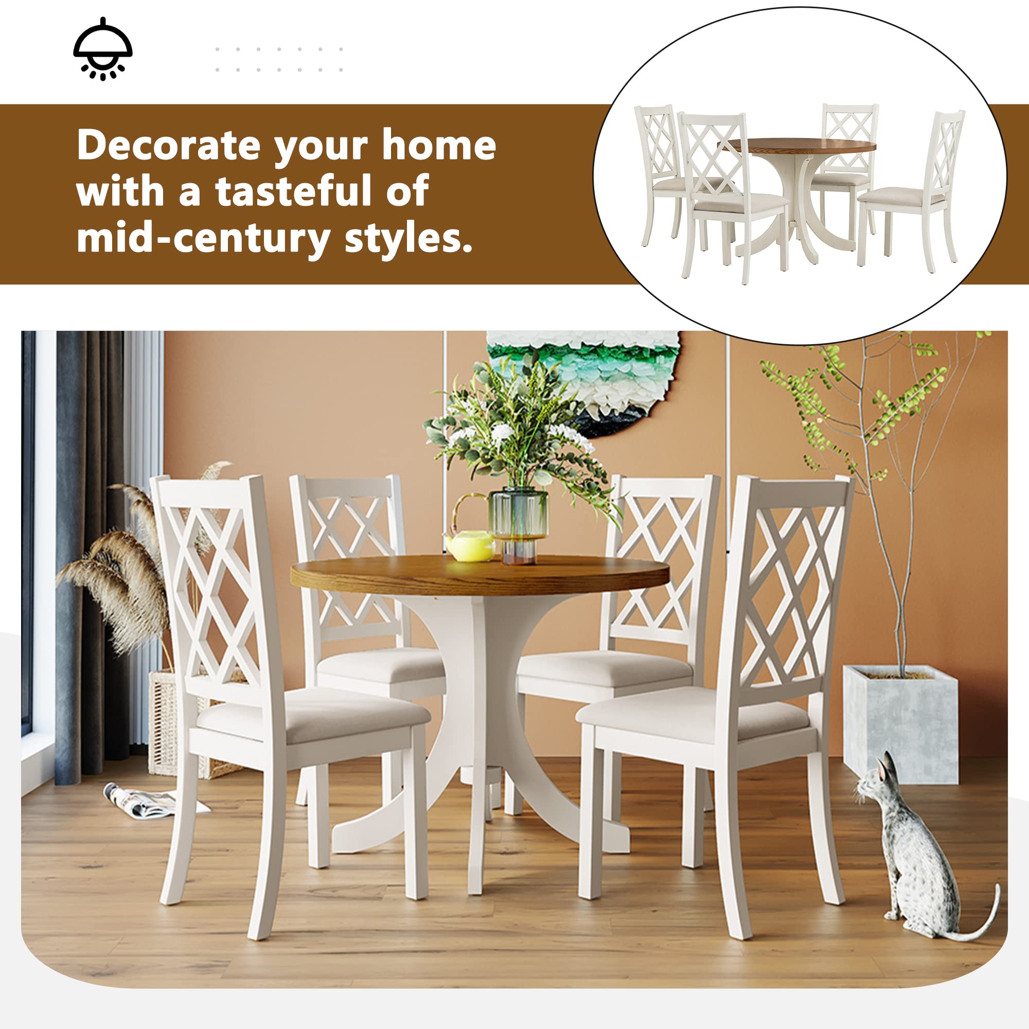5-Piece Round Dining Table Set Solid Wood Kitchen Table and Chairs for 4, Mid-Century Modern Small Breakfast Table Set with 4 Upholstered Dining Chairs, Walnut Table+Beige Chair