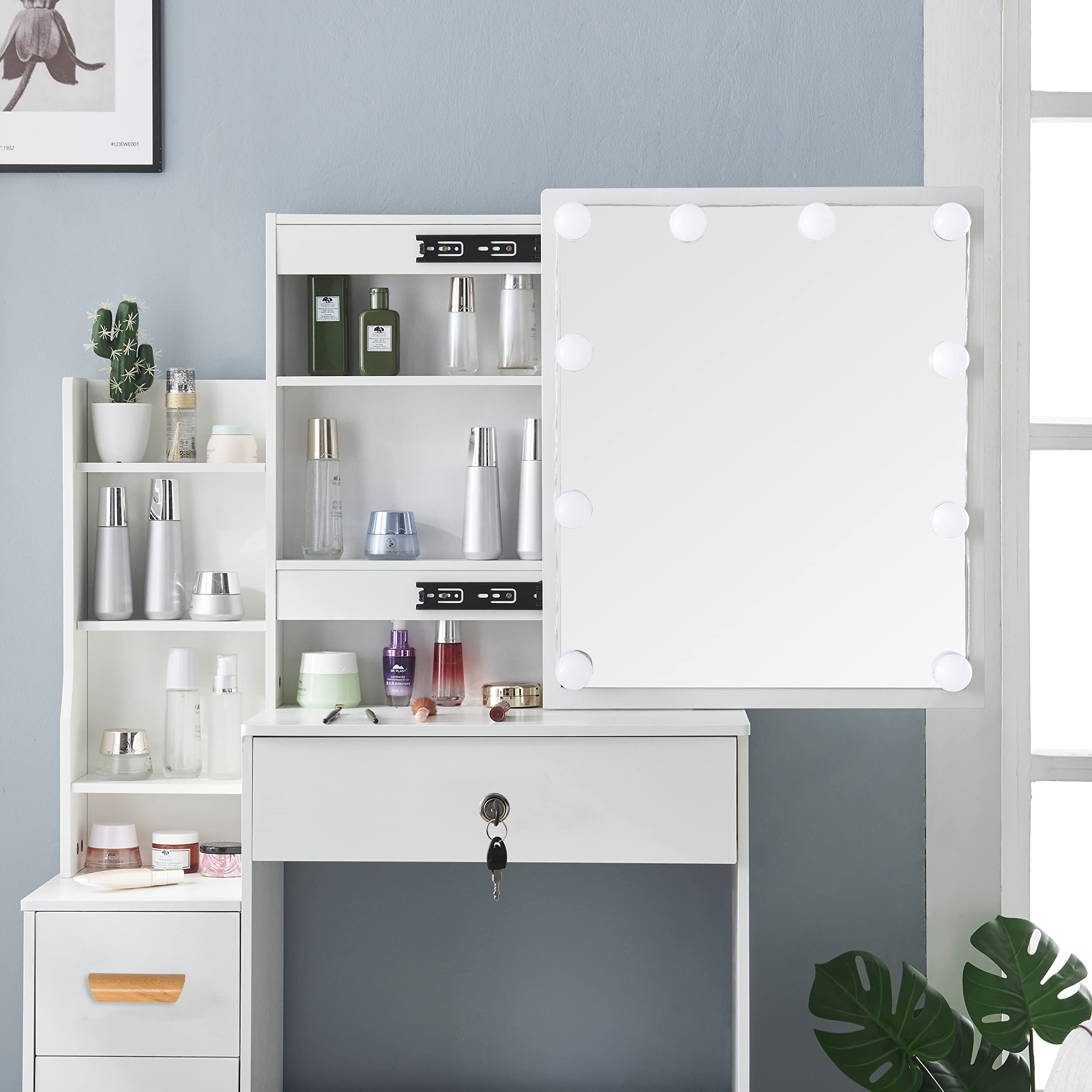 Saihemei Vanity Desk, Makeup Table with Mirror and Lights, Bedroom Table Vanity Set with 4 Drawers, 3 Lighting Modes Brightness Adjustable for Women Girls