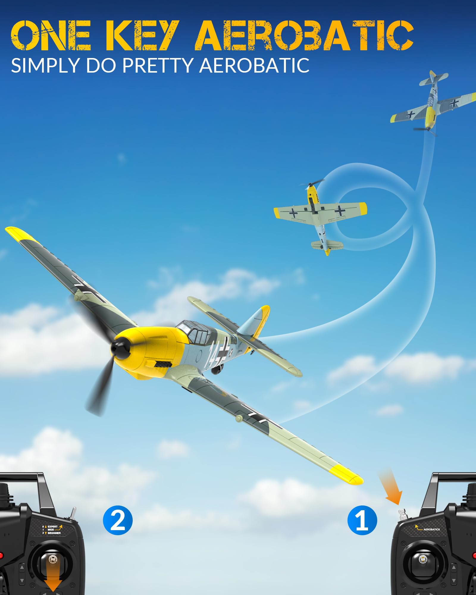 VOLANTEXRC RC Plane, 4 Channel Remote Control Airplane BF109 Fighter RTF with Aileron, Gyro, Aerobatics & 3 Modes Easy to Fly, Hobby Radio Controlled Aircraft for Beginners, Kids & Adults (Yellow)