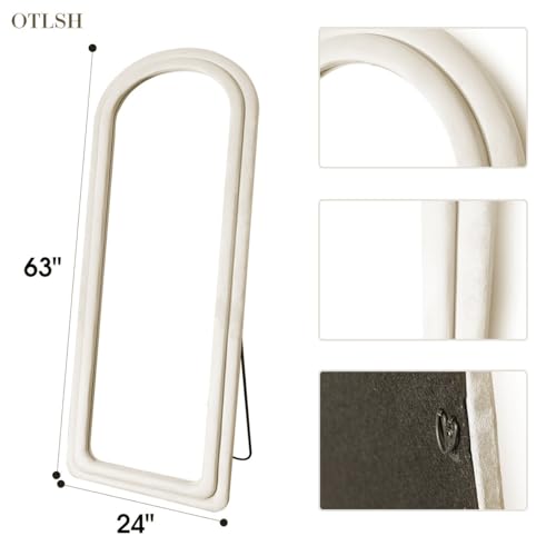 Otlsh Floor Mirror, Arched Full Length Mirror with Stand, Large Standing Mirror, 63"x24" Full Body Mirror, Large Mirror, Wall Mirror, Freestanding, Wall Mounted, Flannel Frame -Beige White