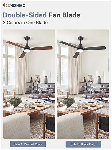 ZMISHIBO 52 Inch Ceiling Fan With Light Remote Control, Indoor And Outdoor LED Ceiling Fans, 3 Color Temperatures, Quiet Reversible DC Motor, Dual Finish Blades (Modern Black & Farmhouse Walnut)