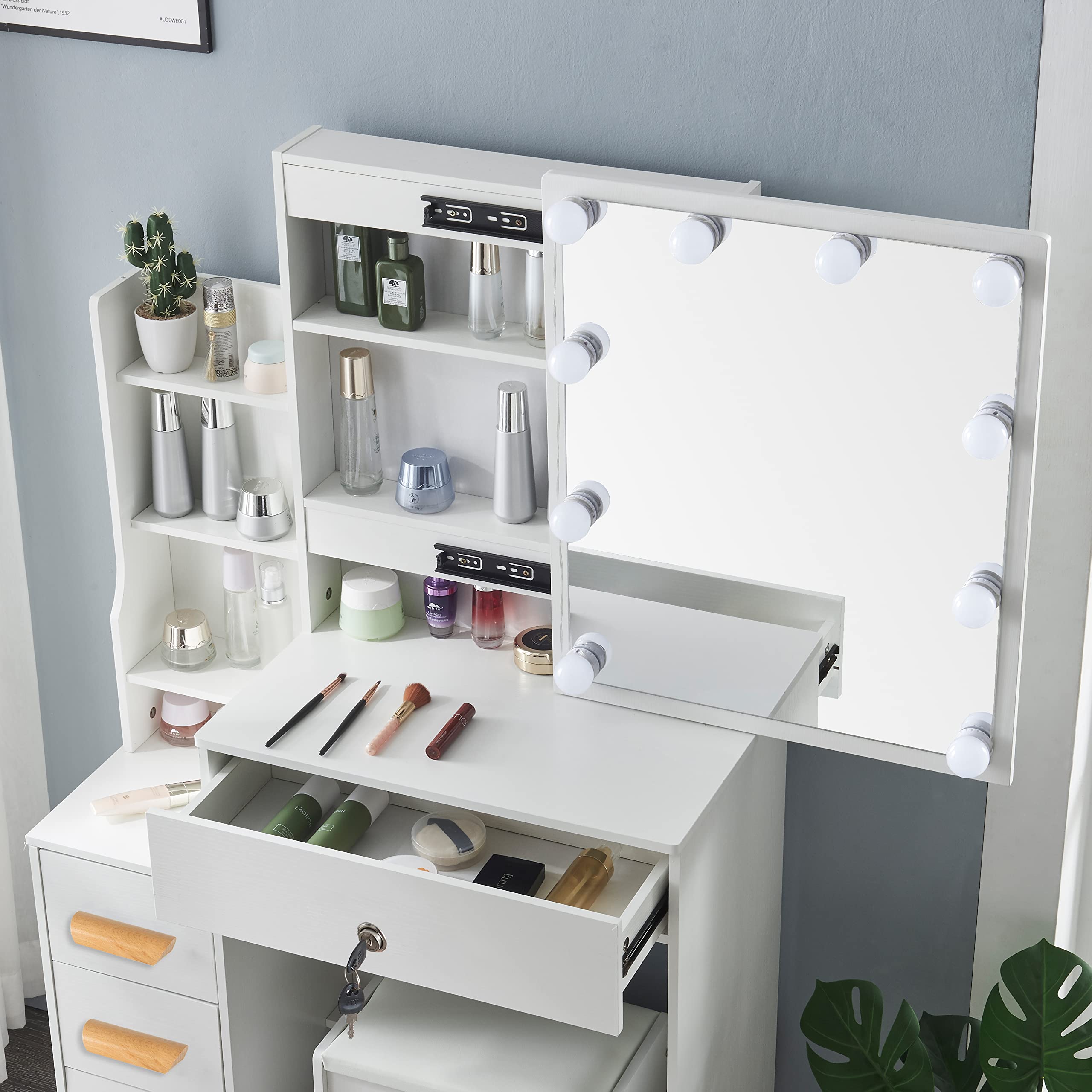 Saihemei Vanity Desk, Makeup Table with Mirror and Lights, Bedroom Table Vanity Set with 4 Drawers, 3 Lighting Modes Brightness Adjustable for Women Girls