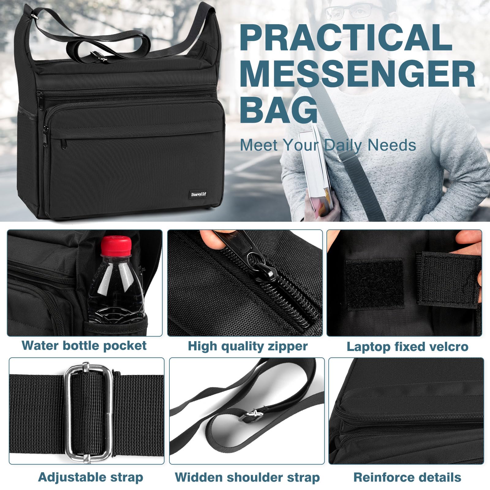 Storvyllf Men's Messenger Bag,Large 15 Inch Laptop Bag for Work Women Professional Black Messenger Bag