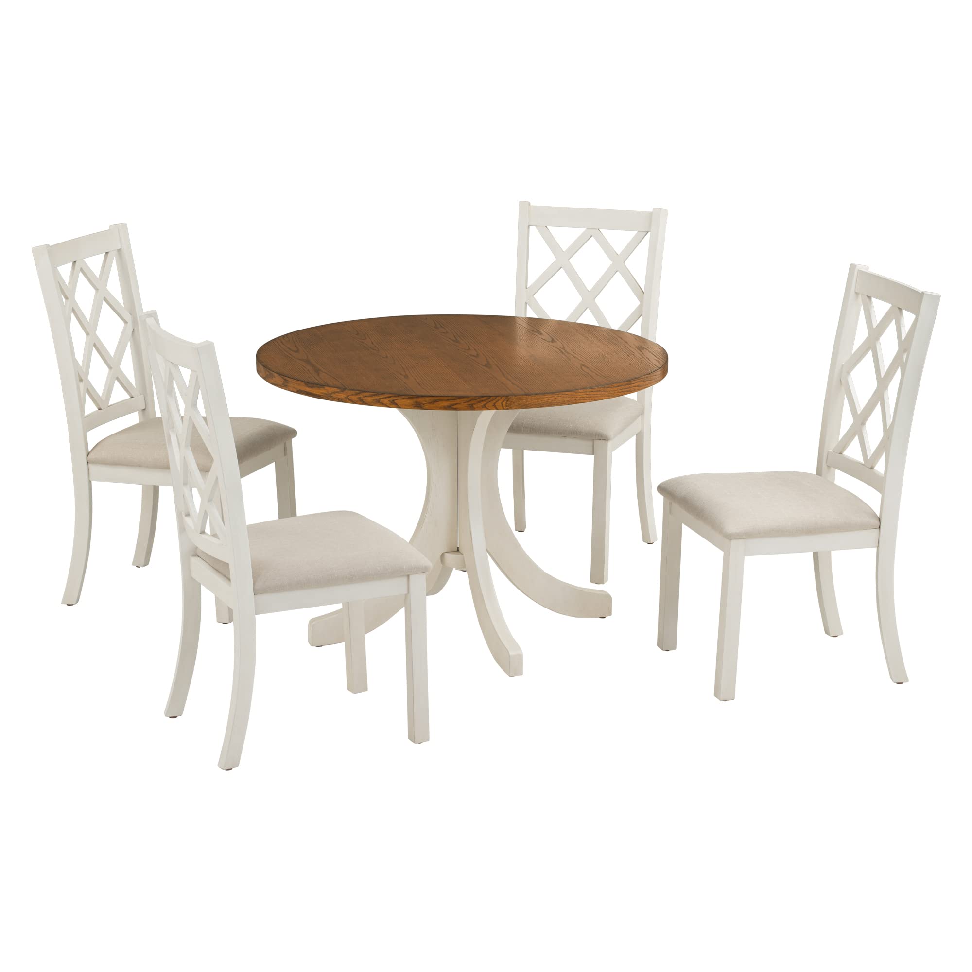 5-Piece Round Dining Table Set Solid Wood Kitchen Table and Chairs for 4, Mid-Century Modern Small Breakfast Table Set with 4 Upholstered Dining Chairs, Walnut Table+Beige Chair
