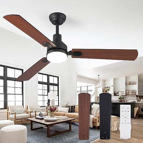 ZMISHIBO 52 Inch Ceiling Fan With Light Remote Control, Indoor And Outdoor LED Ceiling Fans, 3 Color Temperatures, Quiet Reversible DC Motor, Dual Finish Blades (Modern Black & Farmhouse Walnut)