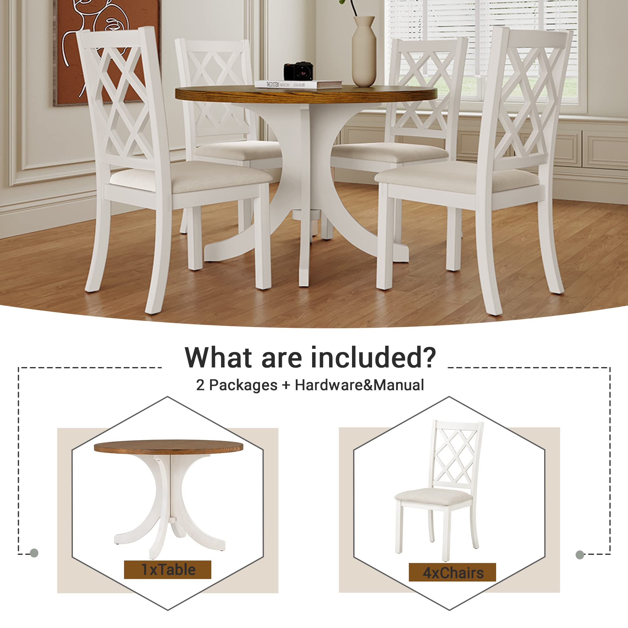 5-Piece Round Dining Table Set Solid Wood Kitchen Table and Chairs for 4, Mid-Century Modern Small Breakfast Table Set with 4 Upholstered Dining Chairs, Walnut Table+Beige Chair
