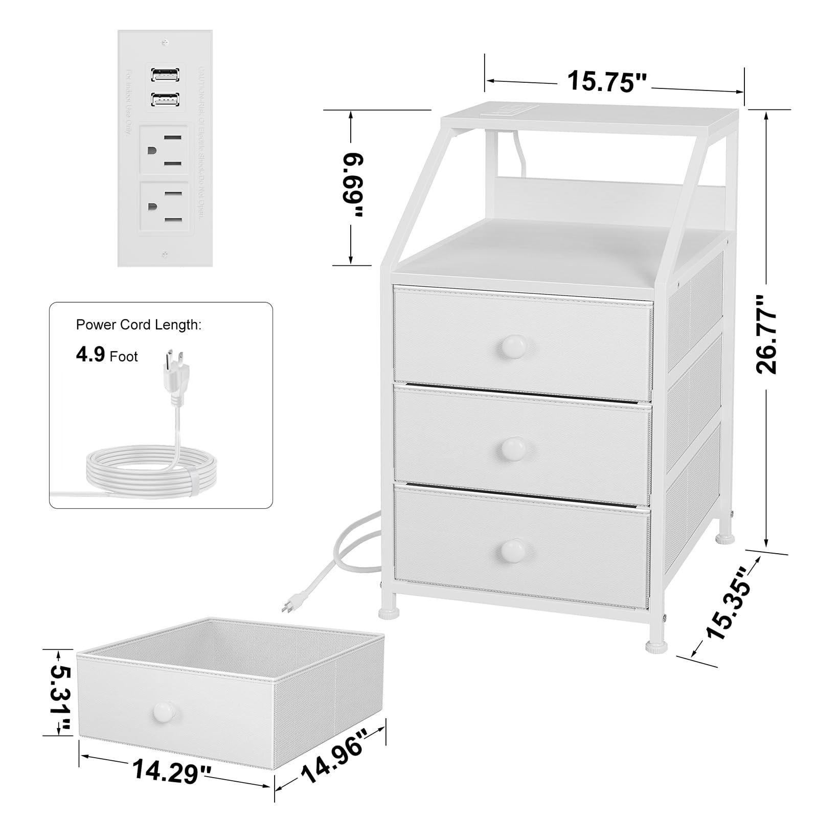 REAHOME Nightstand Set of 2, White Night Stands with Charging Station, Bedside Tables with 3 Fabric Drawers and 2-Tie Storage Shelves, Modern Side Table for Bedroom Living Room - White