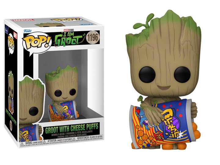 POP Marvel: I Am Groot - Groot with Cheese Puffs Funko Vinyl Figure (Bundled with Compatible Box Protector Case), Multicolored, 3.75 inches
