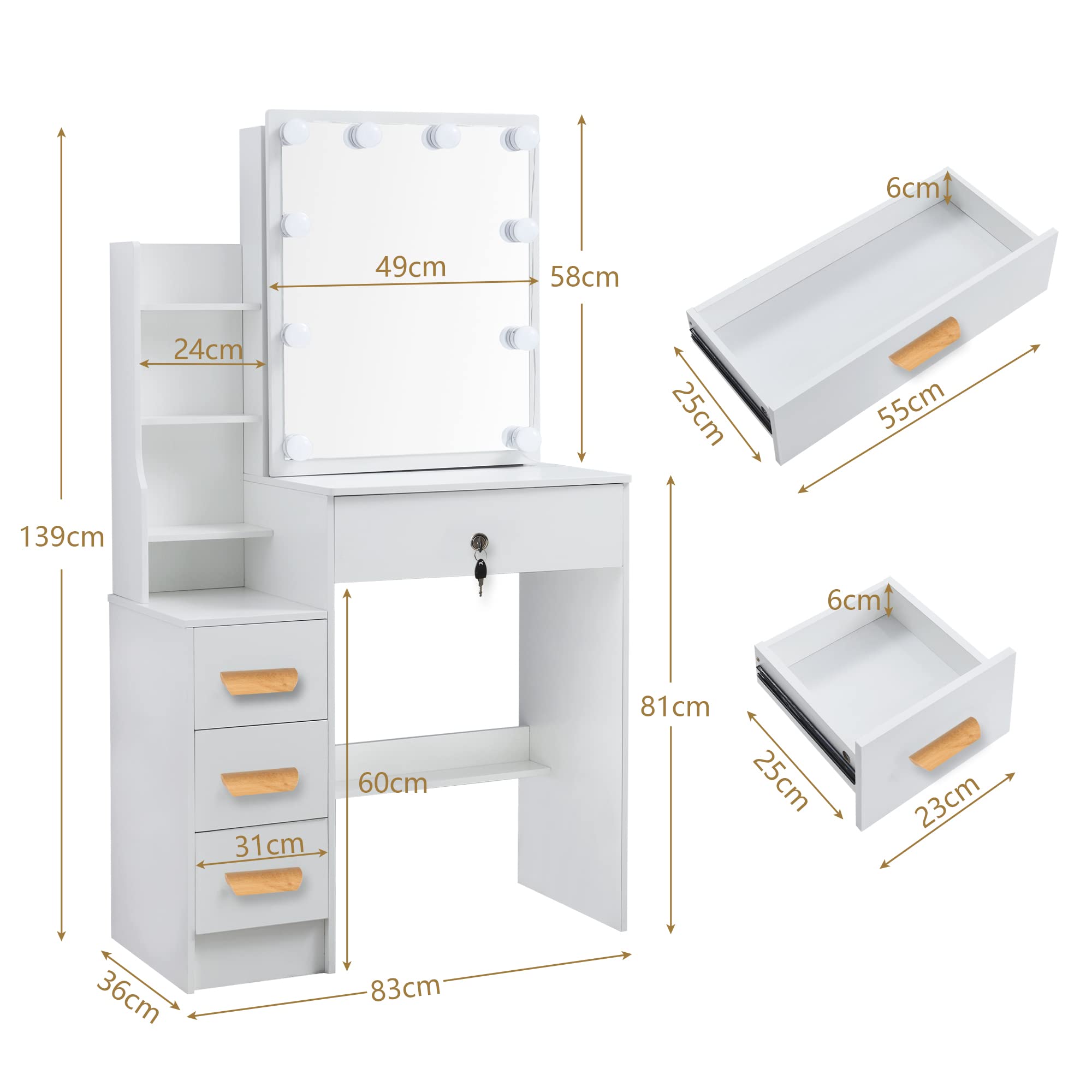 Saihemei Vanity Desk, Makeup Table with Mirror and Lights, Bedroom Table Vanity Set with 4 Drawers, 3 Lighting Modes Brightness Adjustable for Women Girls
