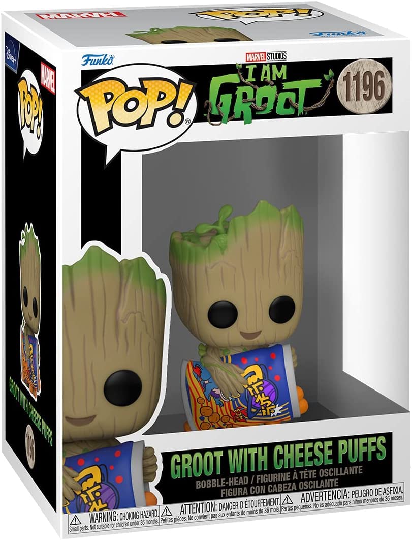 POP Marvel: I Am Groot - Groot with Cheese Puffs Funko Vinyl Figure (Bundled with Compatible Box Protector Case), Multicolored, 3.75 inches