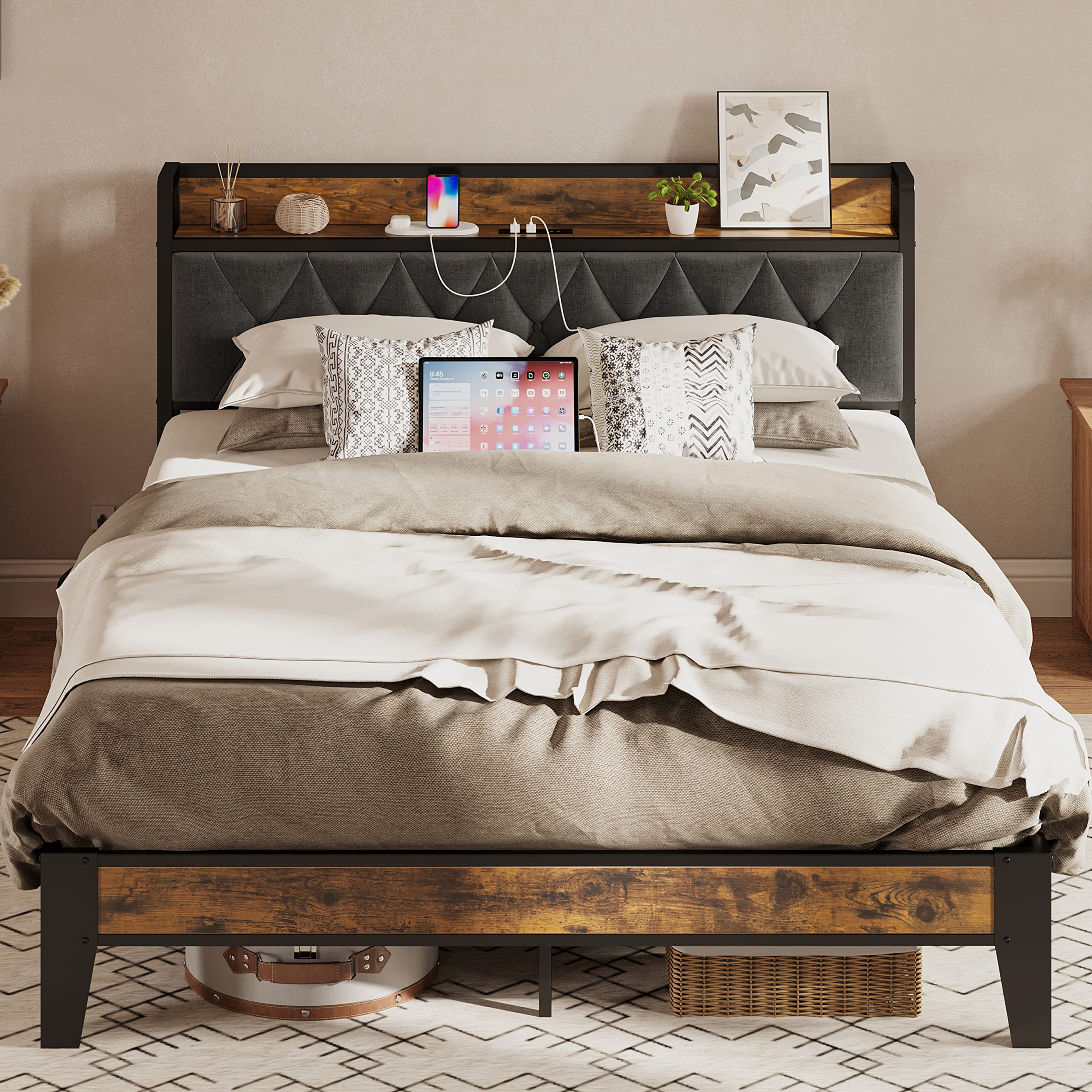 ANCTOR Full Size Bed Frame, Storage Headboard with Outlets, Easy to Install, Sturdy and Stable, No Noise, No Box Springs Needed - Perfect for a Good Night's Sleep