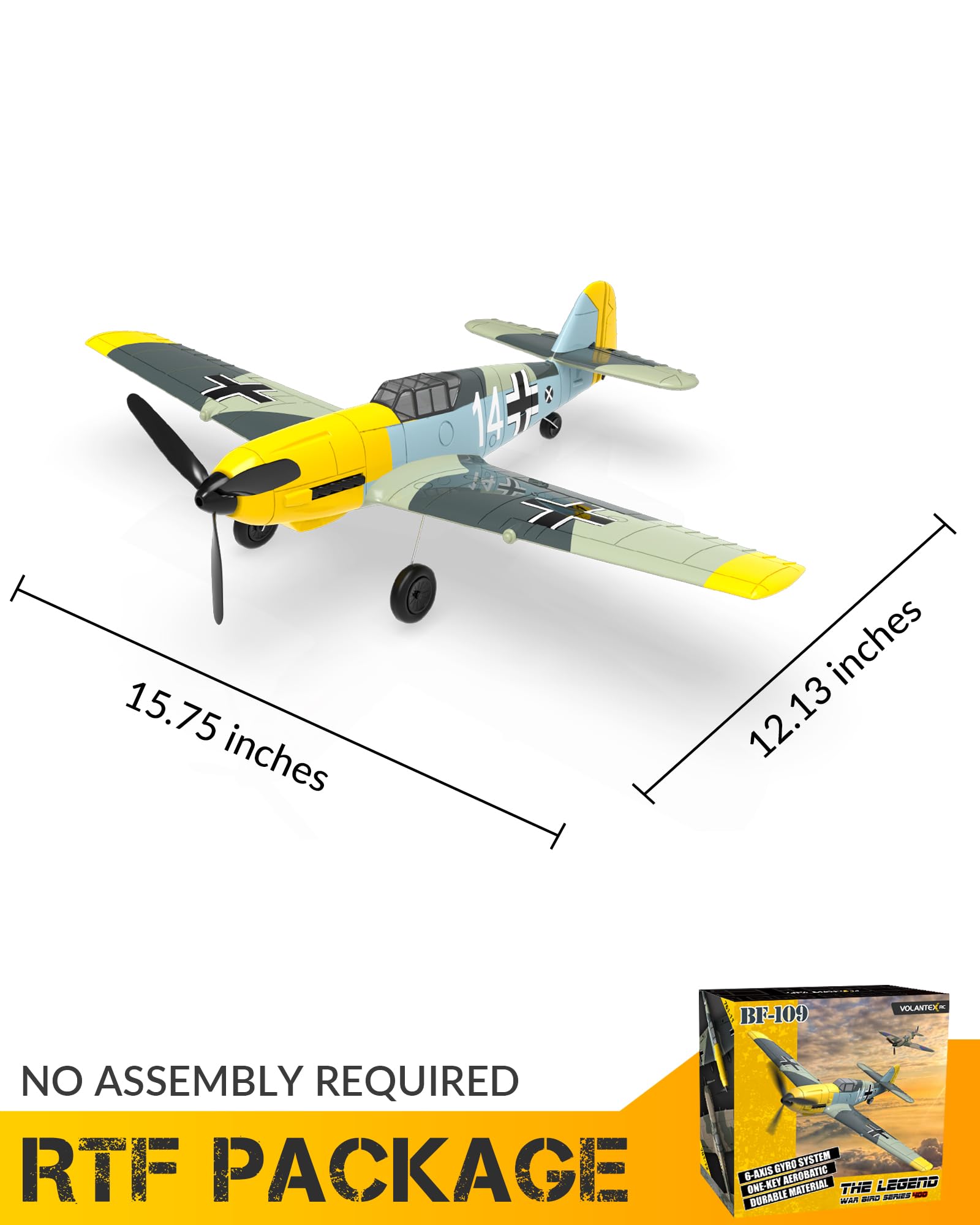VOLANTEXRC RC Plane, 4 Channel Remote Control Airplane BF109 Fighter RTF with Aileron, Gyro, Aerobatics & 3 Modes Easy to Fly, Hobby Radio Controlled Aircraft for Beginners, Kids & Adults (Yellow)