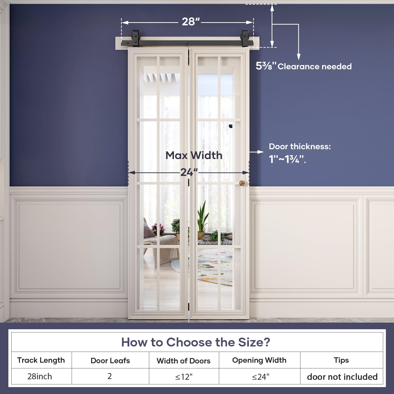 FINOSEN 28 inch Bifold Barn Door Hardware Track Kit for Two 12 inch Closet Doors,Top Mount Sliding System,Heavy Duty Roller,Smoothly and Quietly,Black(Bifold Door Not Included)