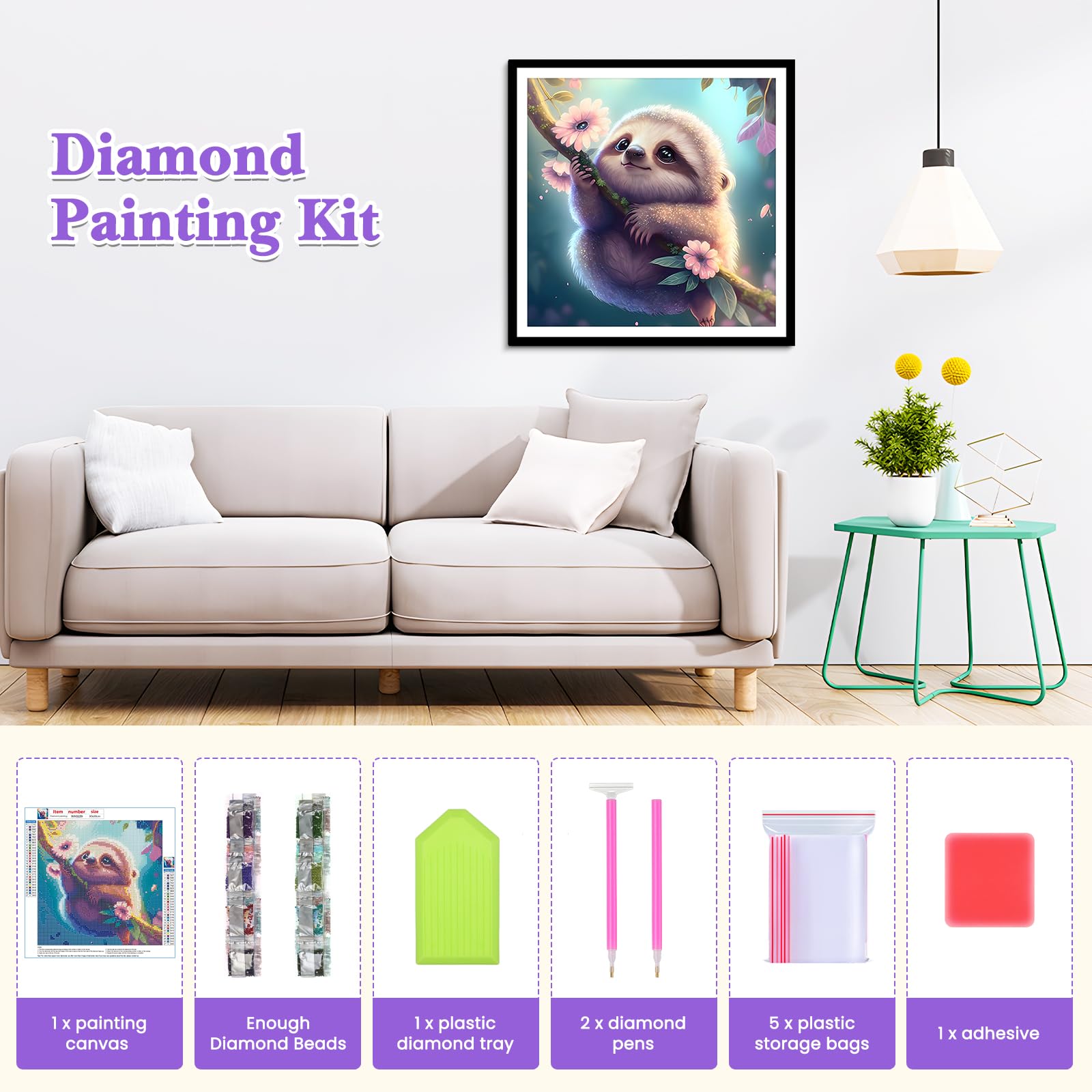 RICUVED Diamond Art Kits for Adults, Sloth Diamond Art Kits Full Drill 5D Animal Diamond Art, Flowers Diamond Gem Dots Art and Crafts for Gift Home Wall Decor 12x12 Inch/30x30cm